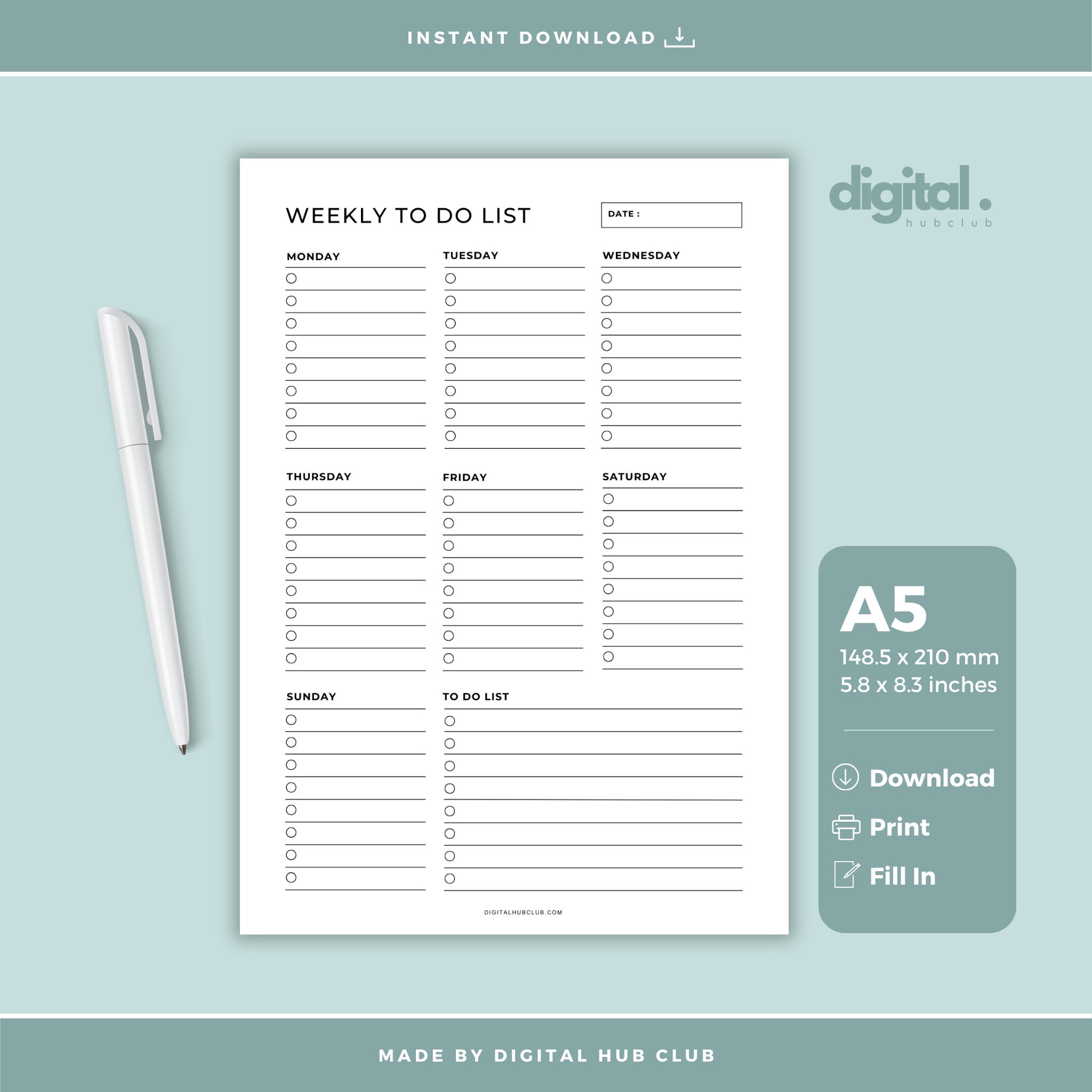Weekly to Do List Printable, to Do List, Minimal Weekly Schedule ...