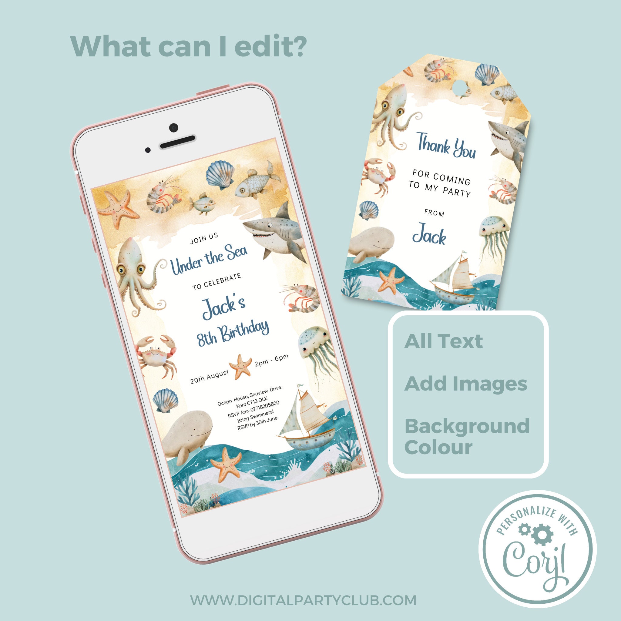Editable Under the Sea Phone Invitation Template, Editable Thank You ...