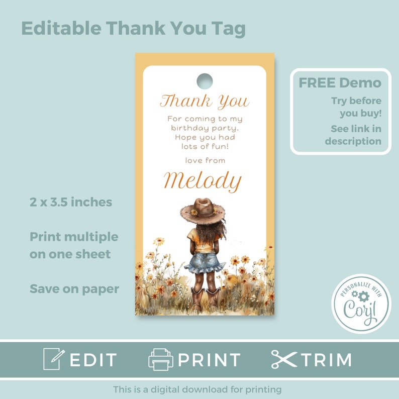 Editable Cowgirl Thank You Tag, Pony Party Thank You Tag, Editable ...