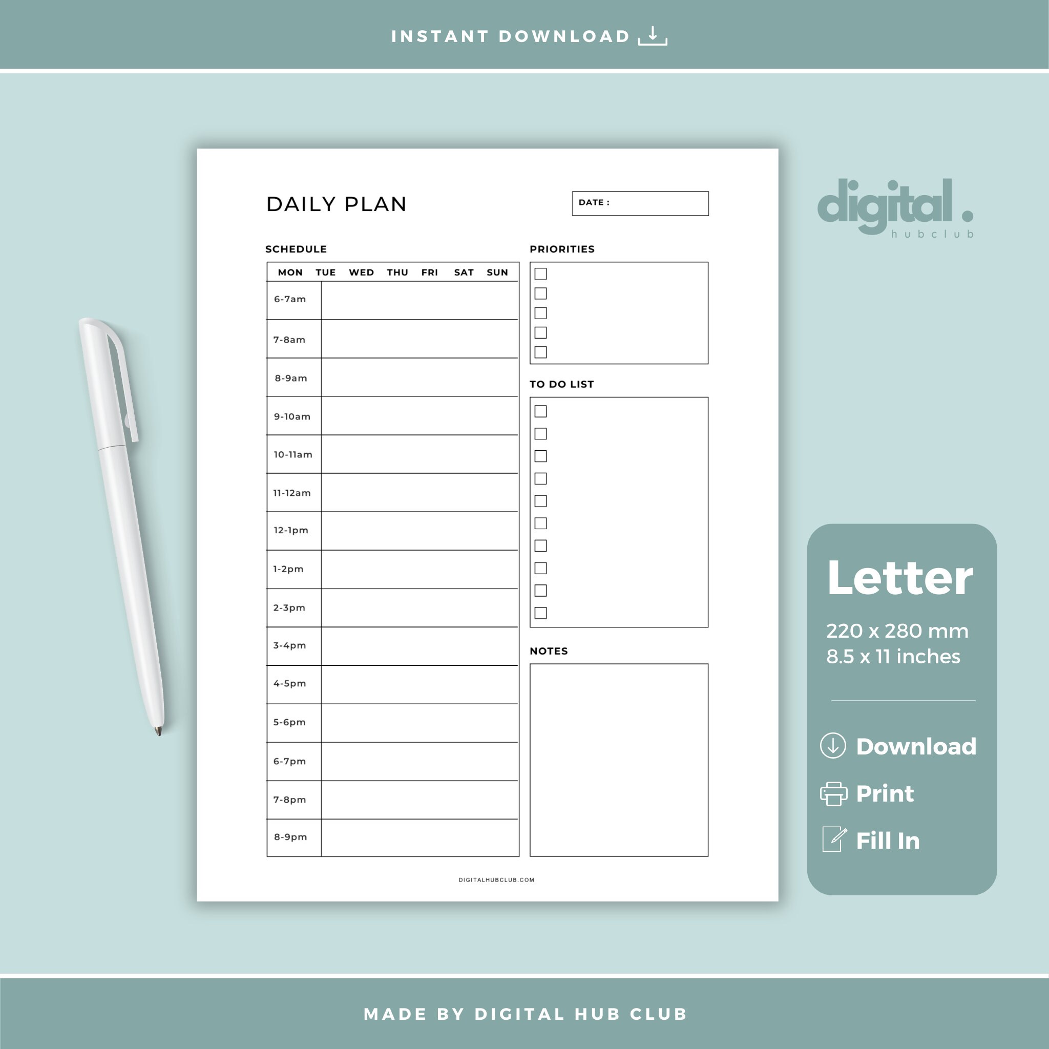 Daily Planner Printable, to Do List, Daily Schedule, Daily Plan Hour by ...