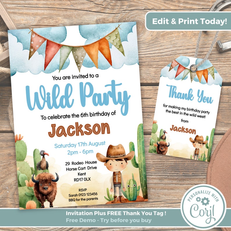 Editable Cowboy Birthday Invitation, Boy Saddle up Invite, Wild West ...