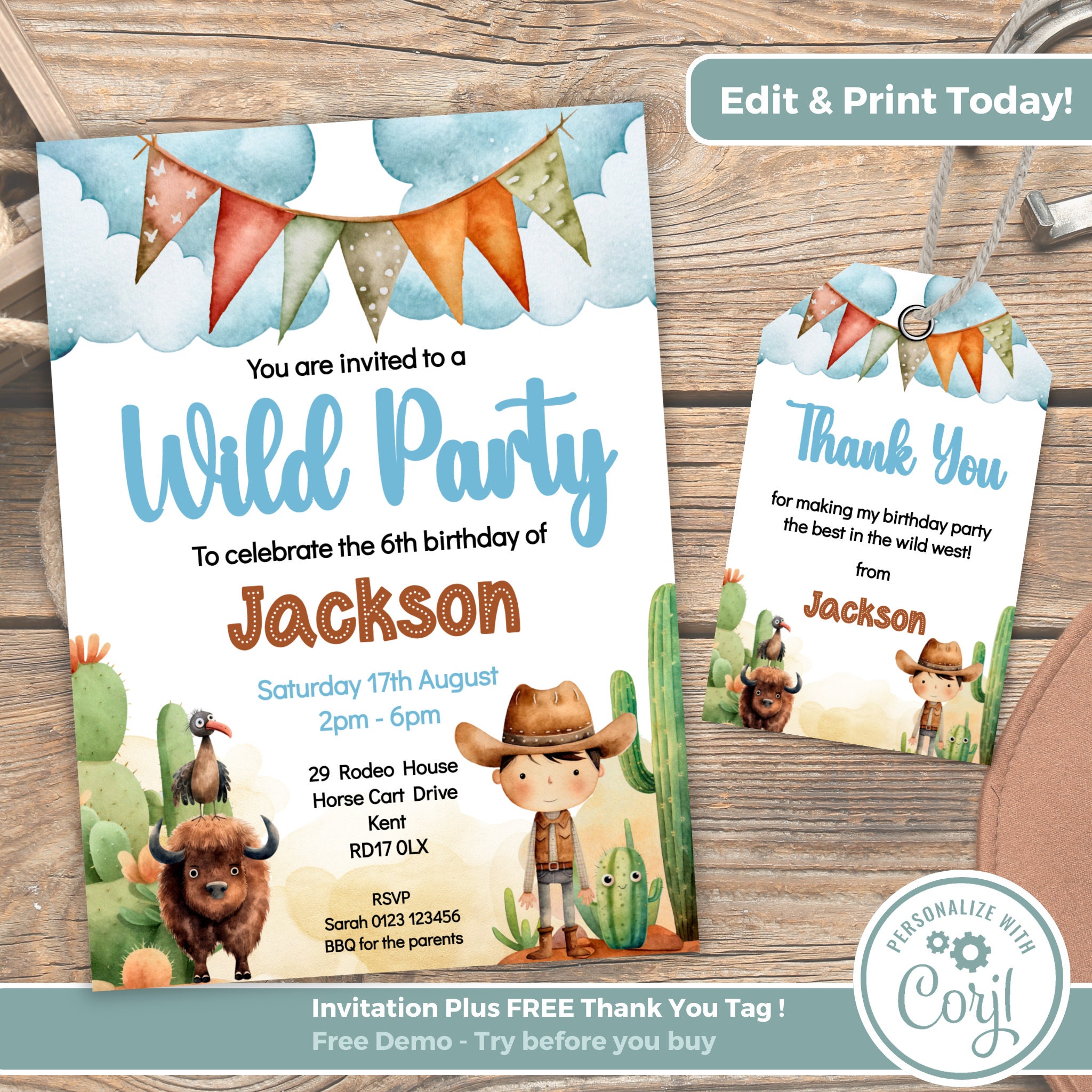 Editable Cowboy Birthday Invitation, Boy Saddle up Invite, Wild West ...