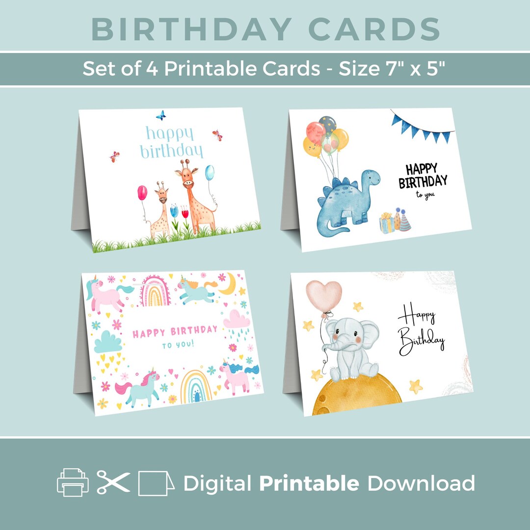 Kids Birthday Card Pack, Birthday Card Bundle, Set of 4 Printable ...