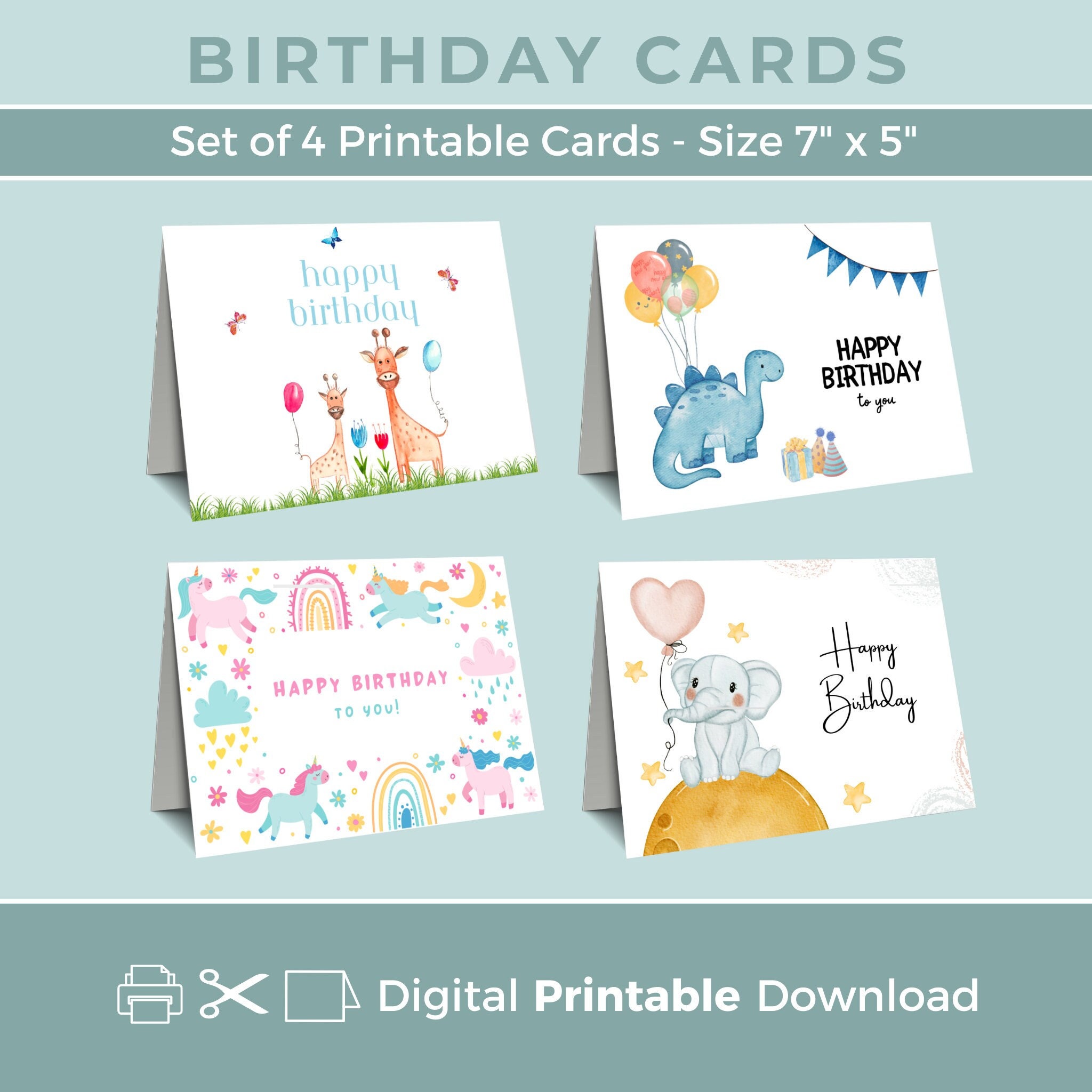 Kids Birthday Card Pack, Birthday Card Bundle, Set of 4 Printable ...