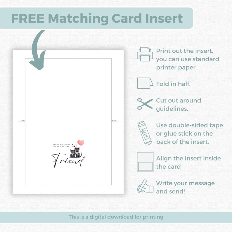 Printable Birthday Card for Friend, Cute Cat Design, Digital Download ...