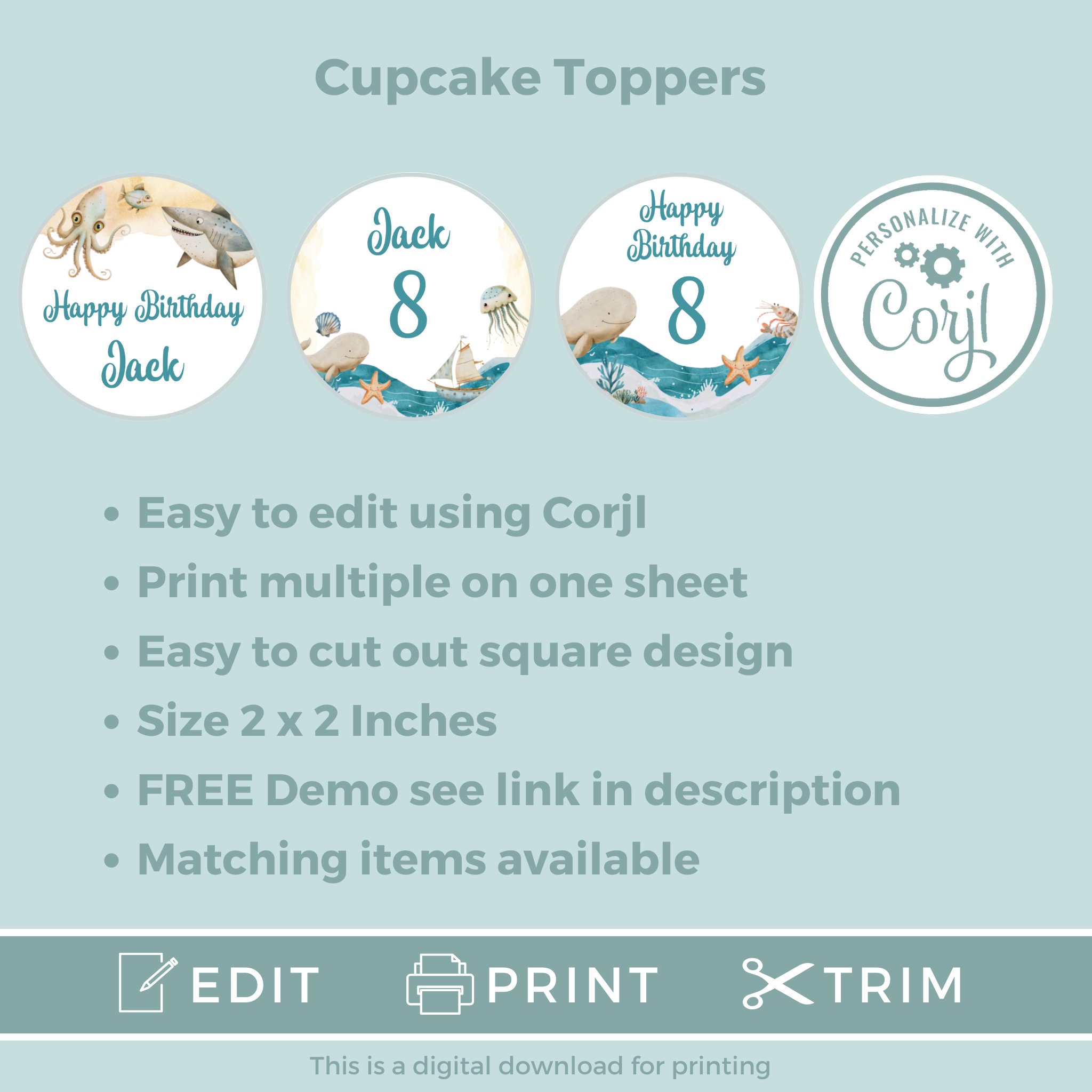 Editable Under the Sea Birthday Cupcake Toppers Ocean Party Cake ...