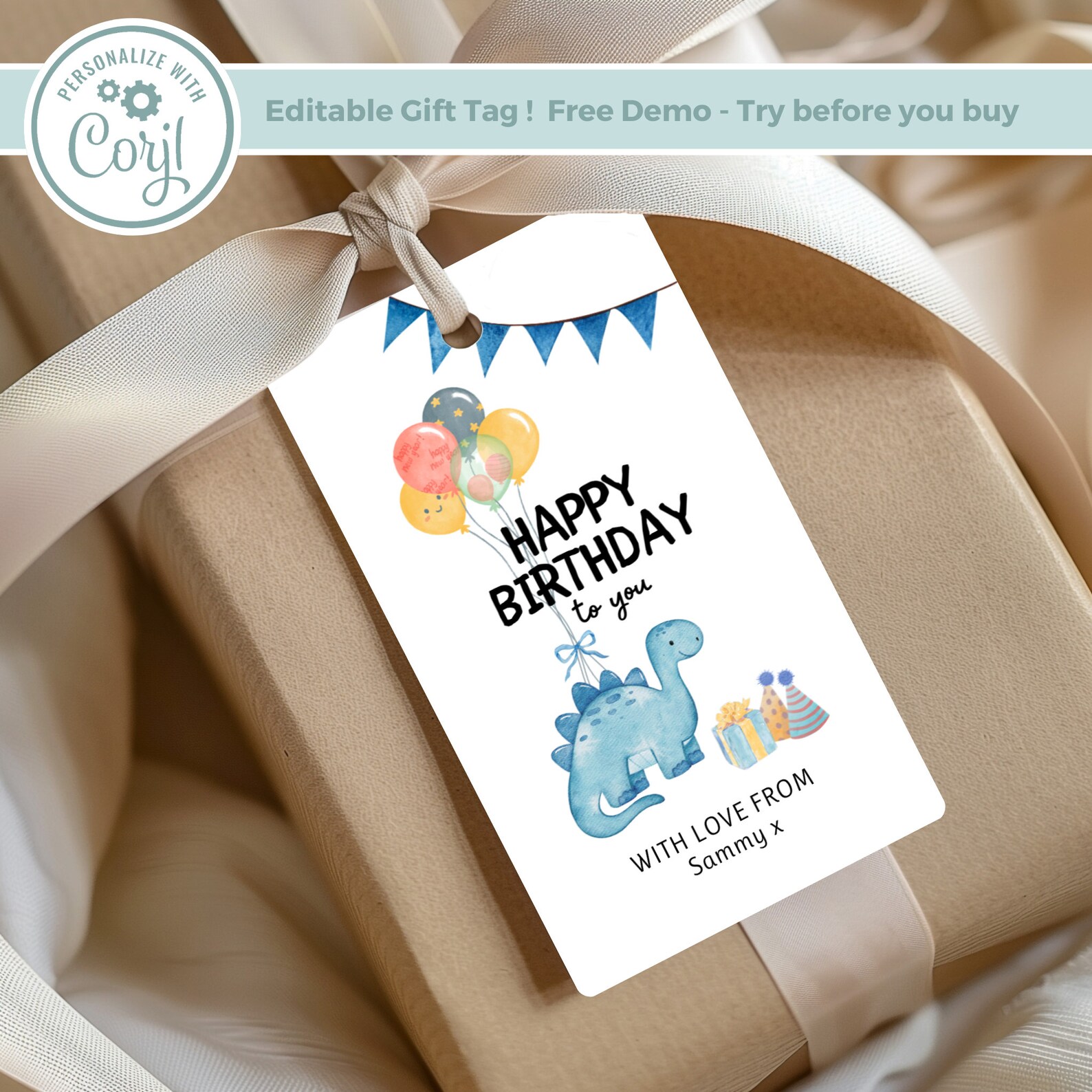 Personalised Birthday Gift Tag With Dinosaur, Kids Gift Tag, Edit and ...