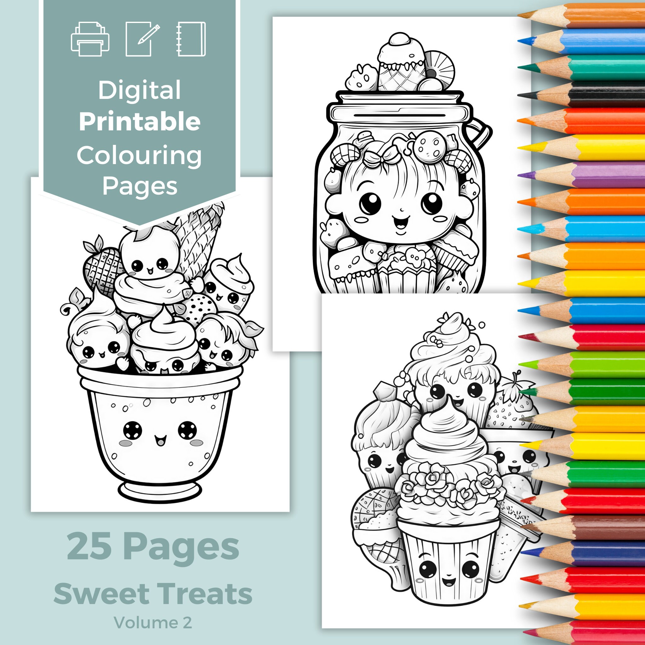25 Colouring Pages for Kids Printable, Cute Sweet Treats Colouring ...