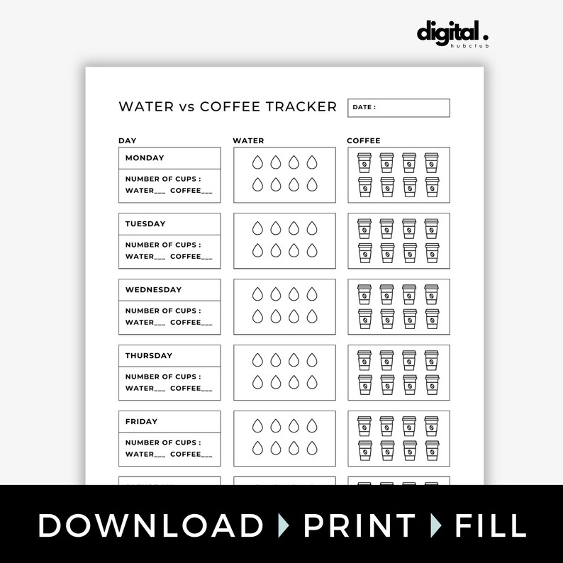 Weekly Water Hydration Tracker, Water Vs Coffee Intake Tracker, Daily ...