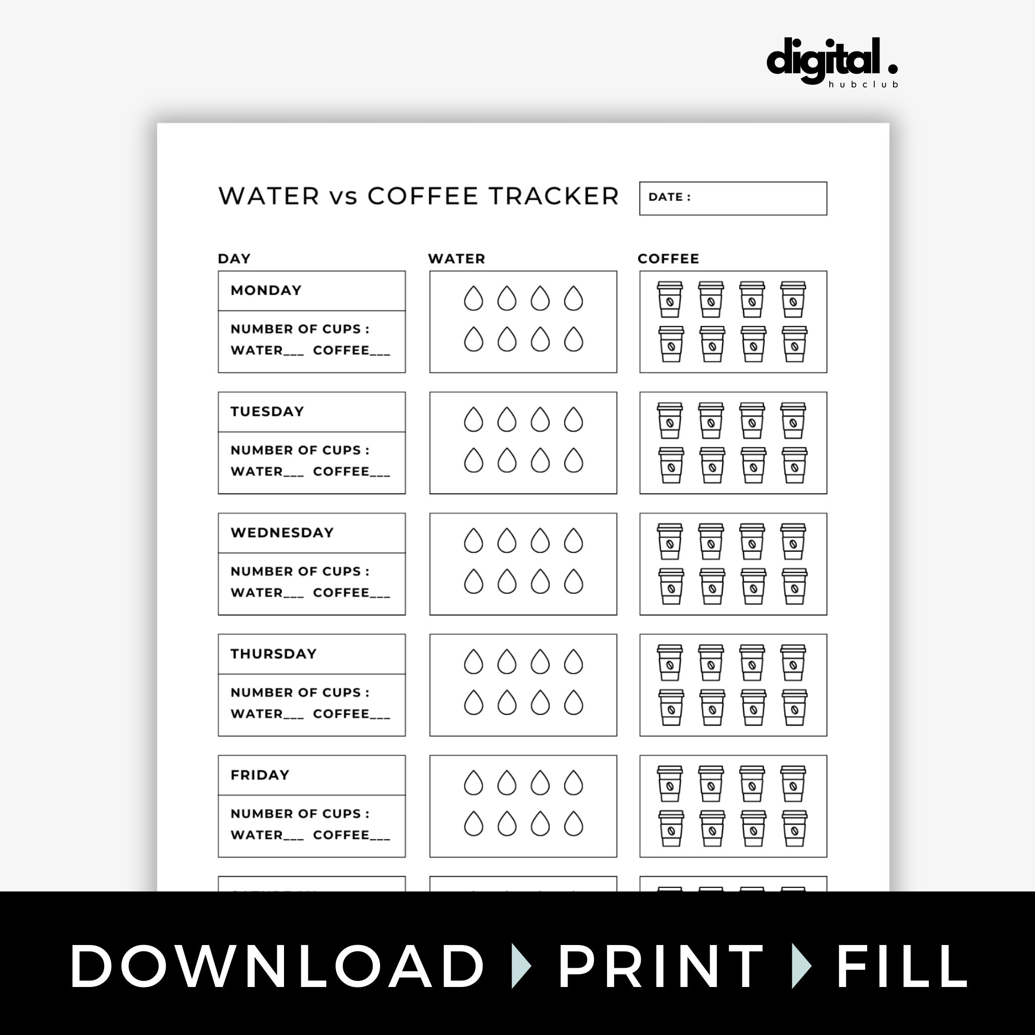 Weekly Water Hydration Tracker, Water Vs Coffee Intake Tracker, Daily ...