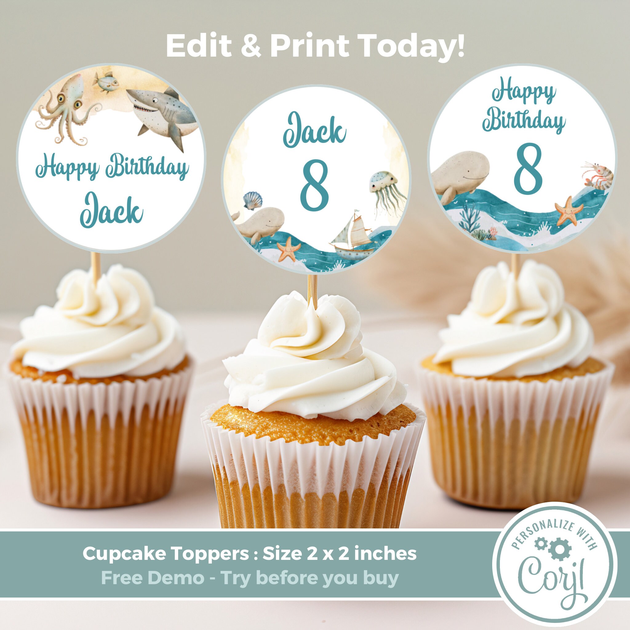 Editable Under the Sea Birthday Cupcake Toppers Ocean Party Cake ...