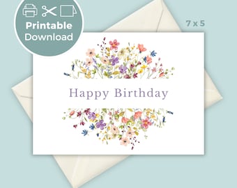 Printable Birthday Card With Flowers, Floral Birthday Card, Printable ...