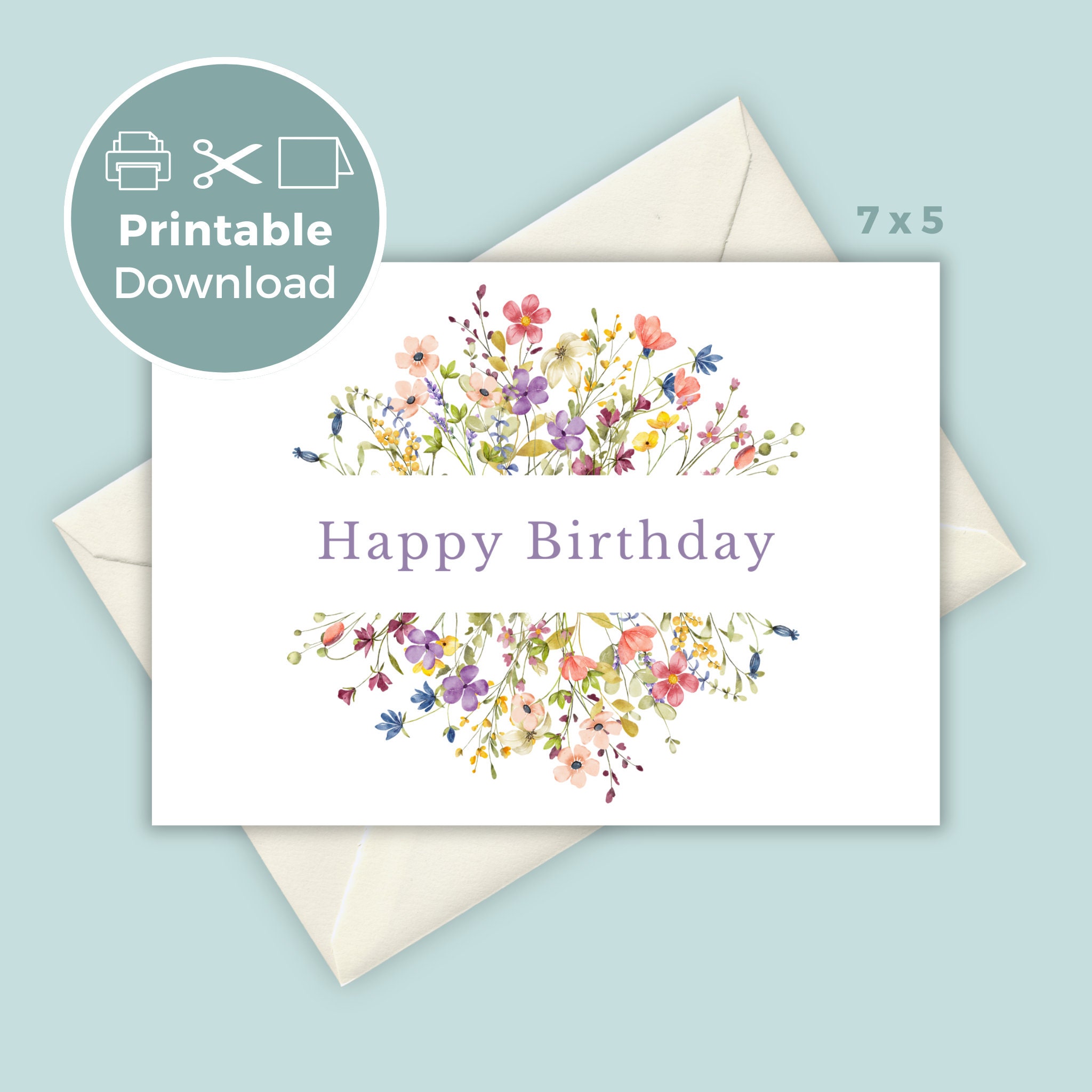Printable Birthday Card With Flowers, Floral Birthday Card, Printable ...