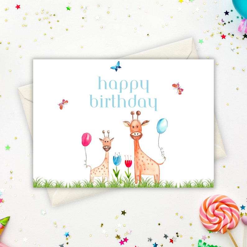Printable Birthday Card Giraffe, Animal Birthday Card, Kids Printable ...