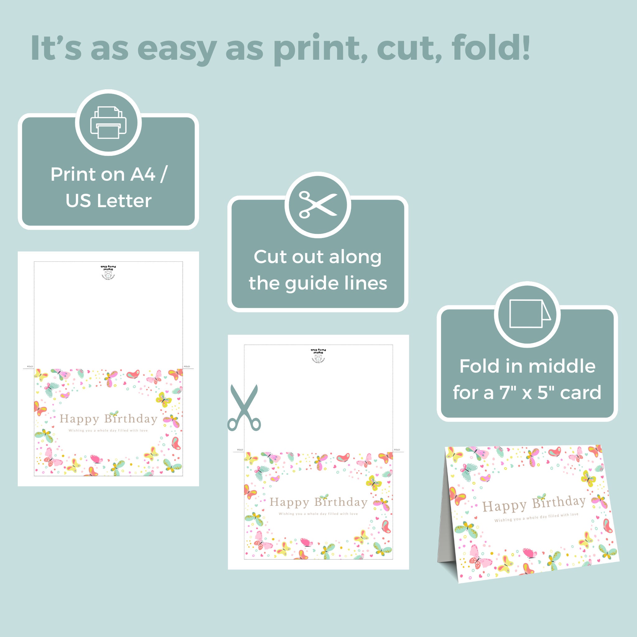 Printable Birthday Card With Pretty Butterflies Instant Download Print ...