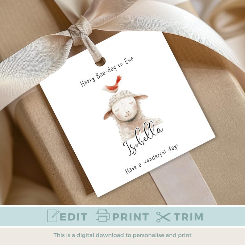 Editable Sheep Birthday Gift Tag, Cute Farm Animal Party Favour ...