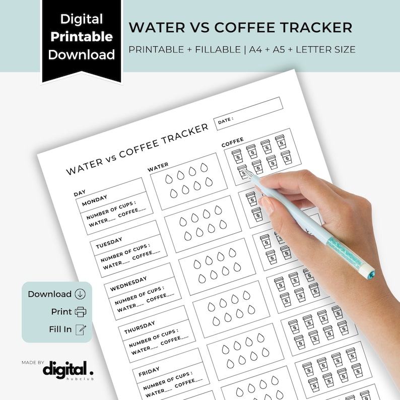 Weekly Water Hydration Tracker, Water Vs Coffee Intake Tracker, Daily ...