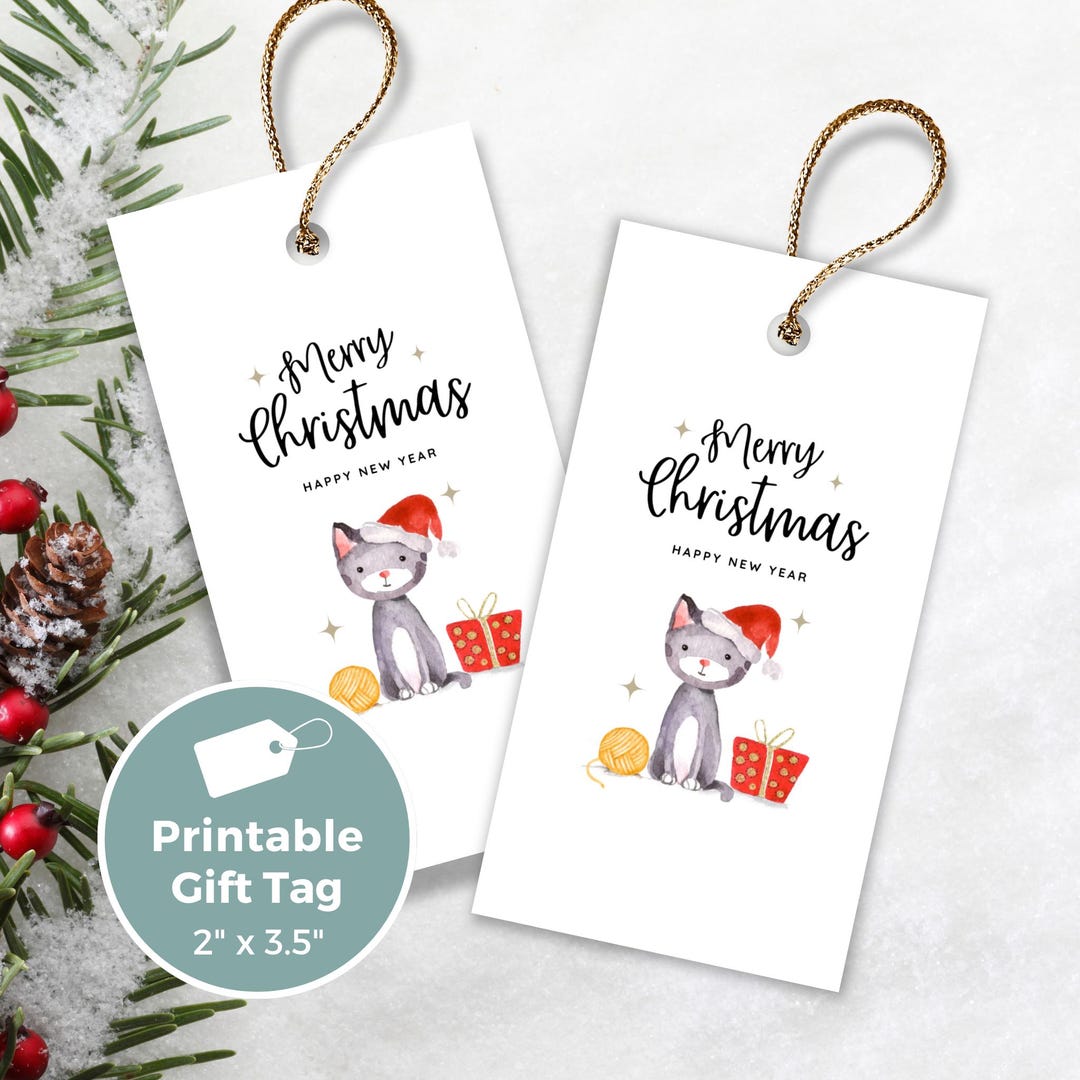 Printable Christmas Gift Tag, Cute Cat With Santa Hat, 2"x3.5" Holiday ...