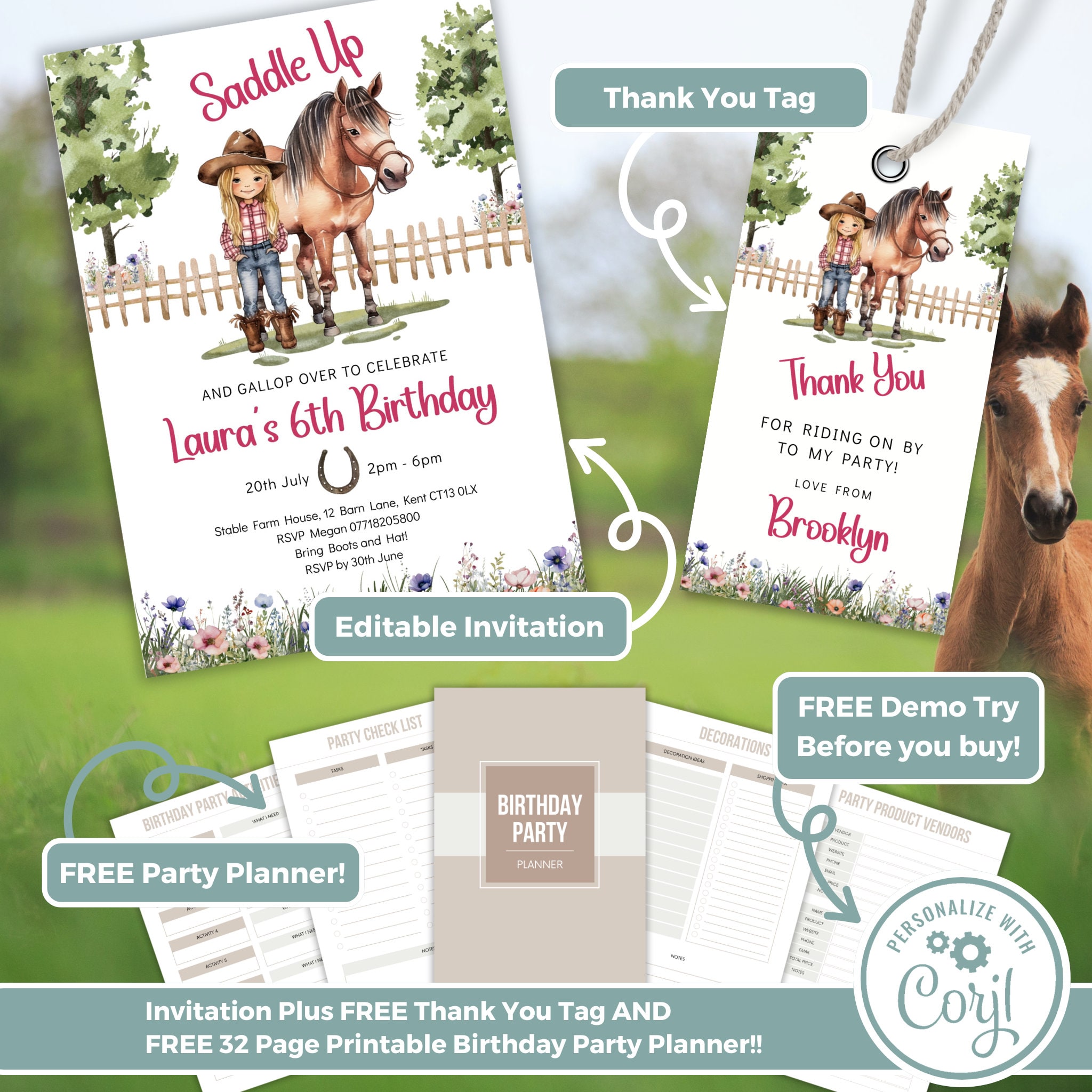 Editable Horse Birthday Invitation Template, Girl Saddle up Invite ...