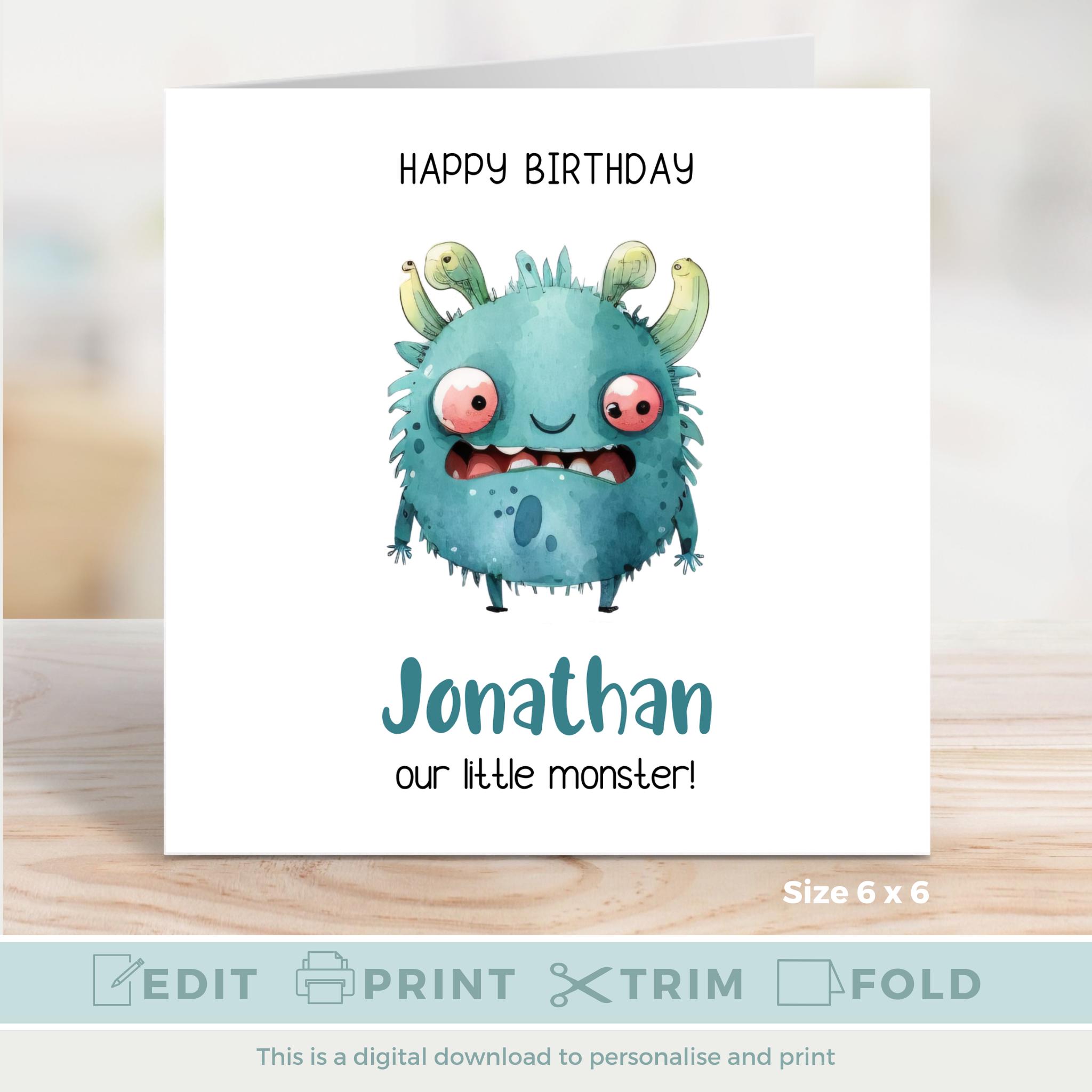 Editable Monster Birthday Card for Kids, Personalised Digital Download ...