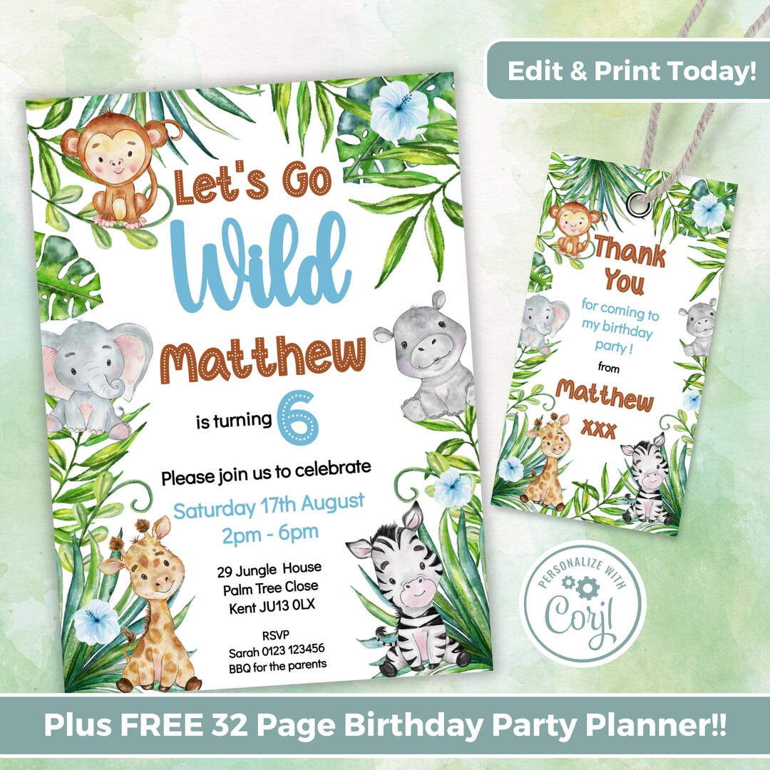 Editable Lets Go Wild Birthday Invitation, Animal Theme Boys Party ...