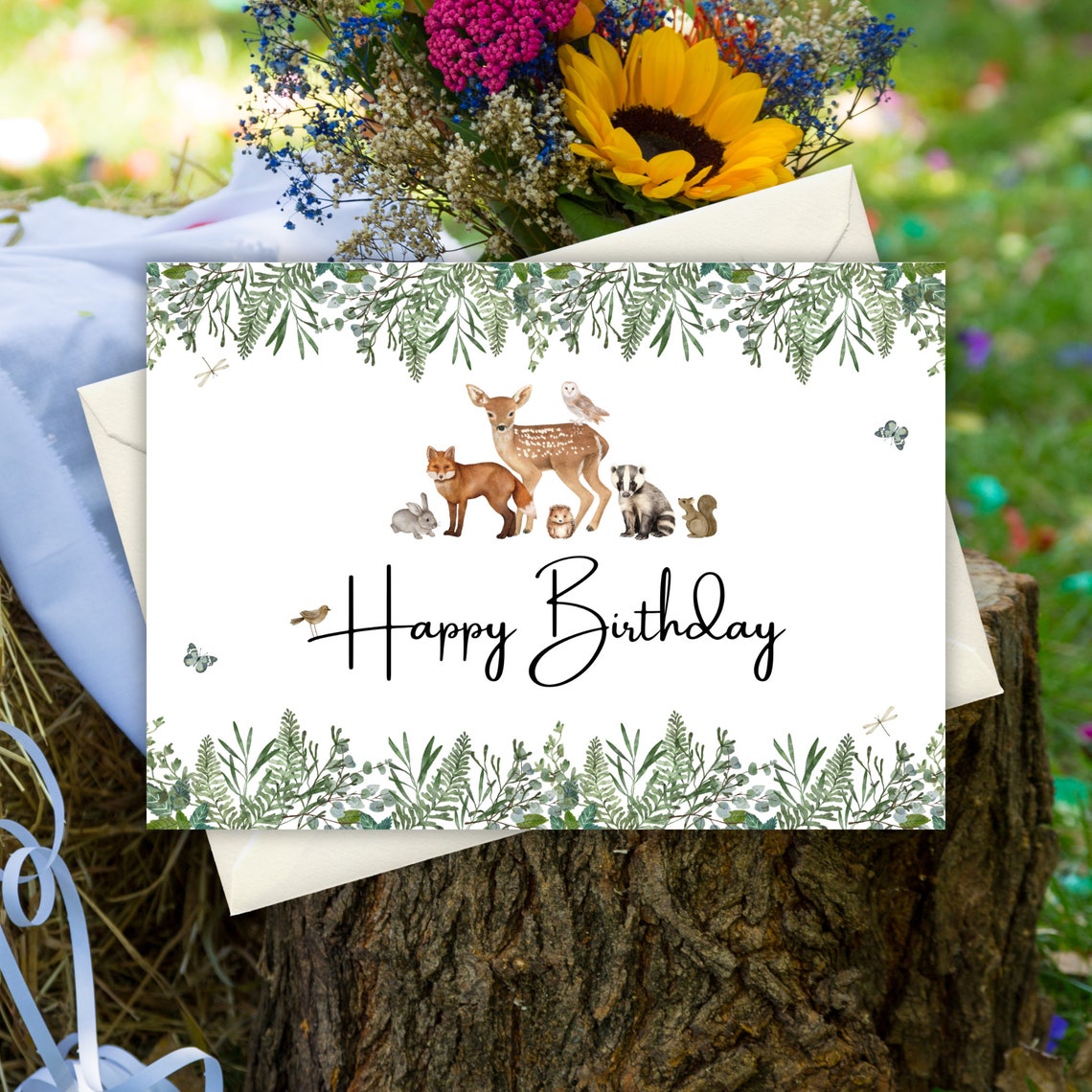 Printable Birthday Card With Woodland Animals, Woodland Scene Instant ...