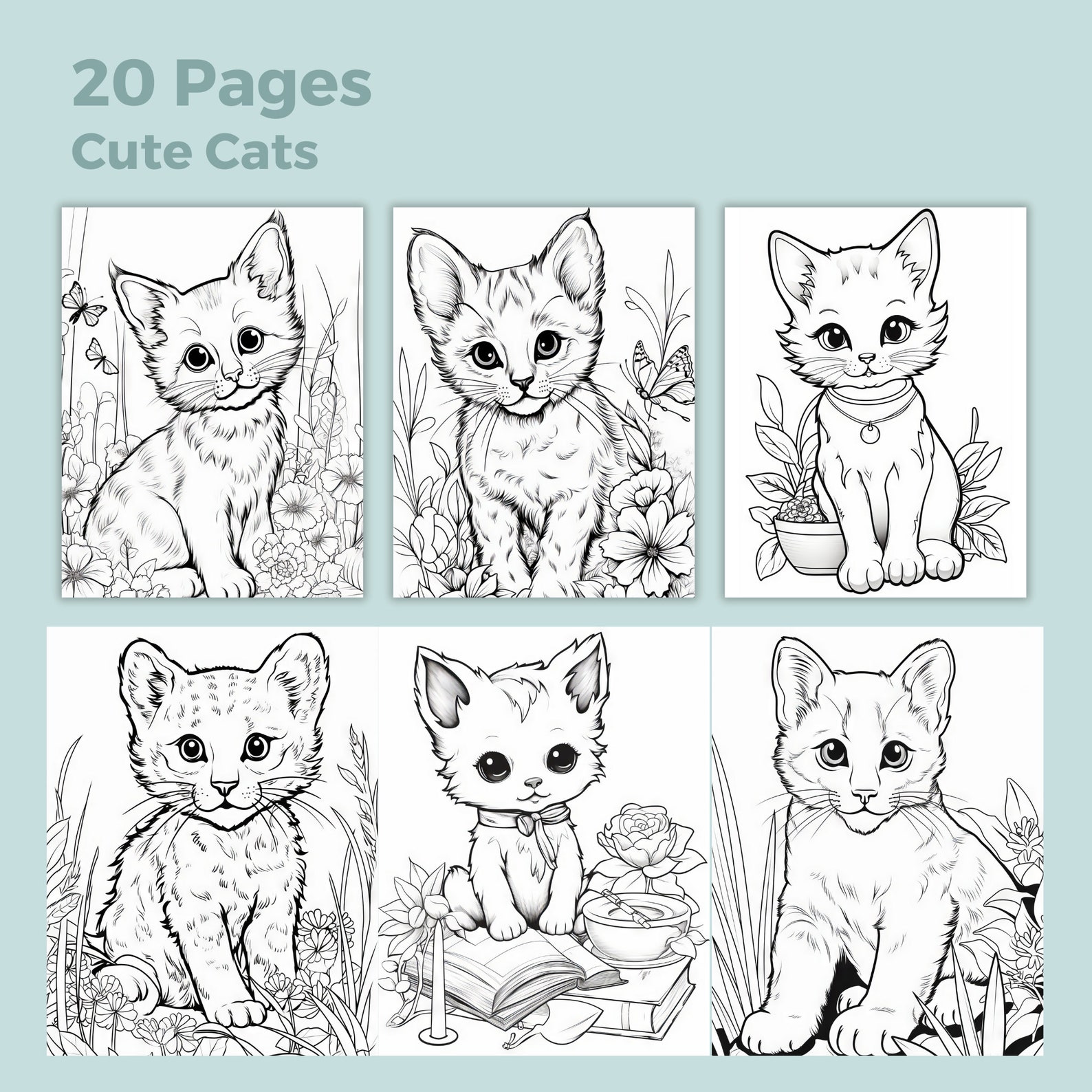 30 Colouring Pages for Kids Printable, Cute Cats Colouring Pages for ...