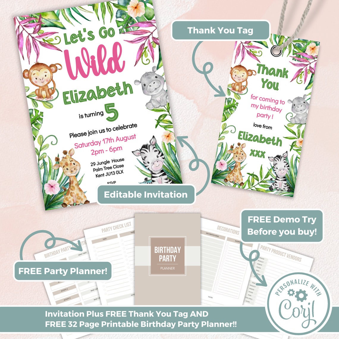 Girls Lets Go Wild Birthday Invitation, Editable Safari Theme Girls ...