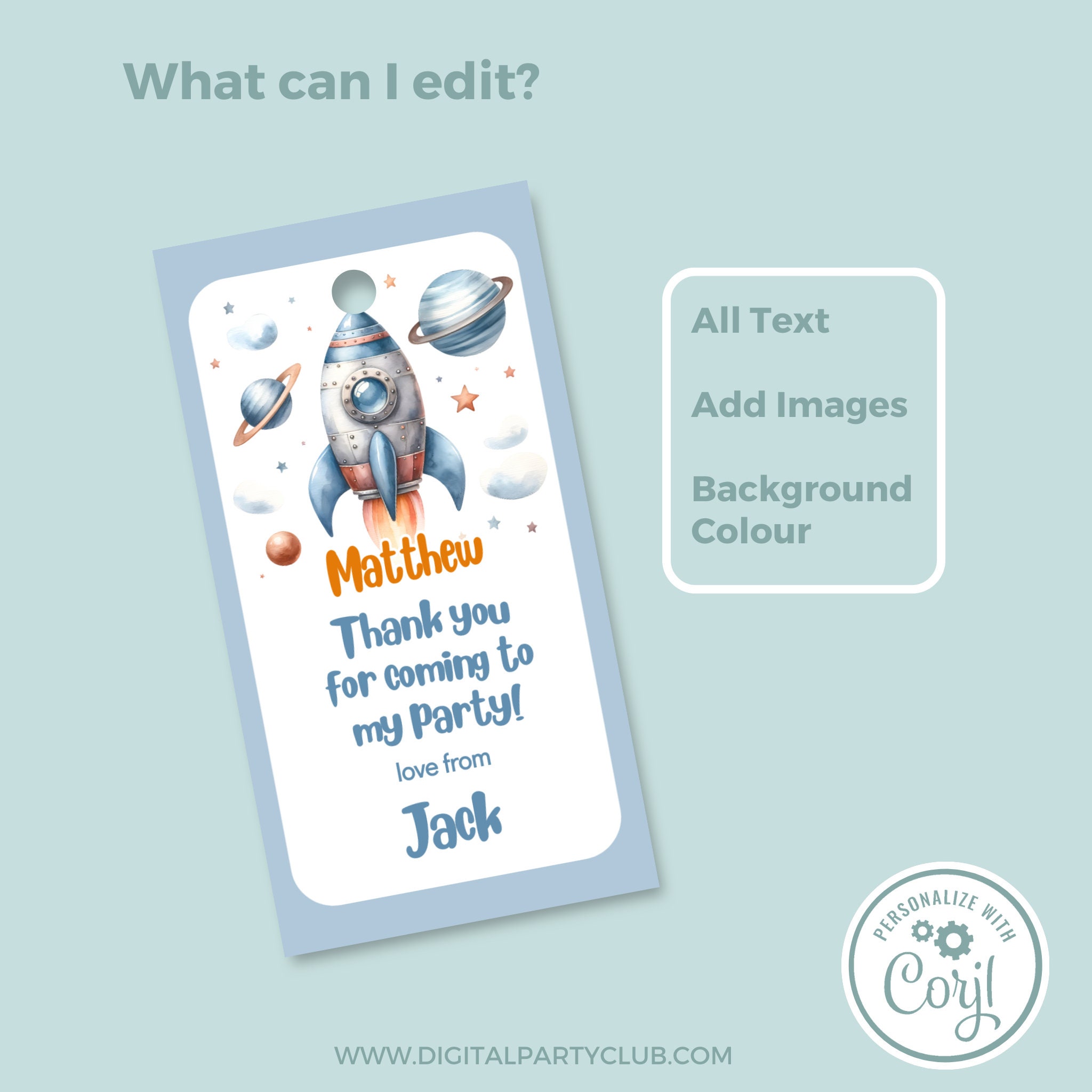 Editable Boys Rocket Ship Birthday Thank You Tag | Space Theme Party ...