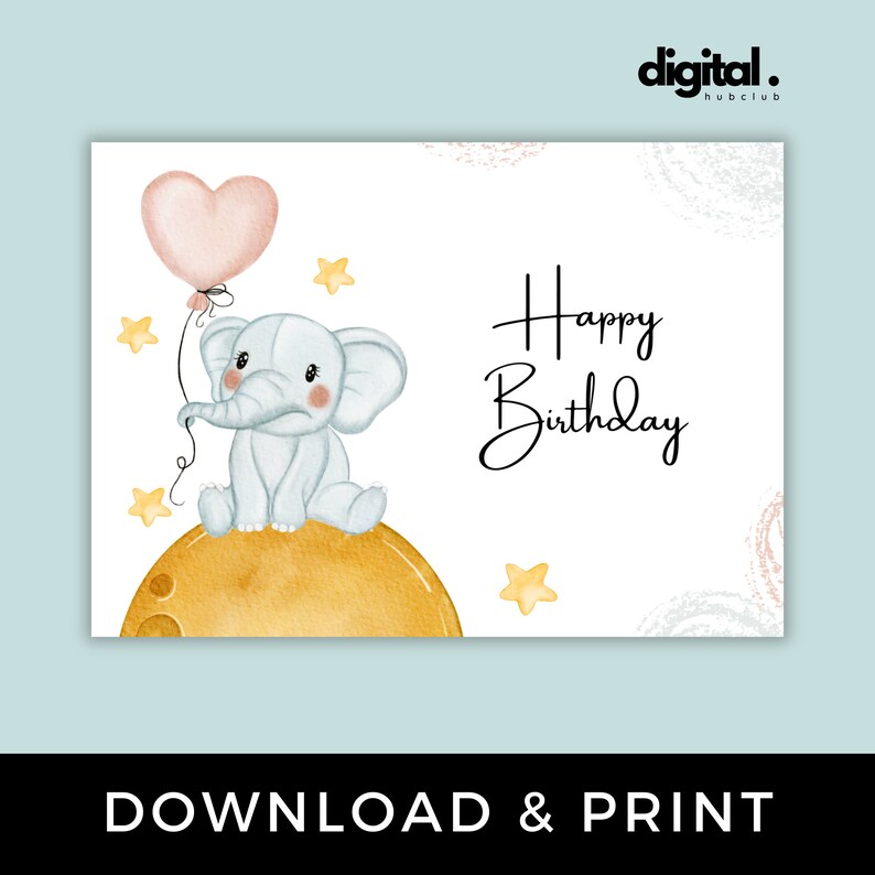 Printable Birthday Card Happy Birthday Card Baby Elephant - Etsy