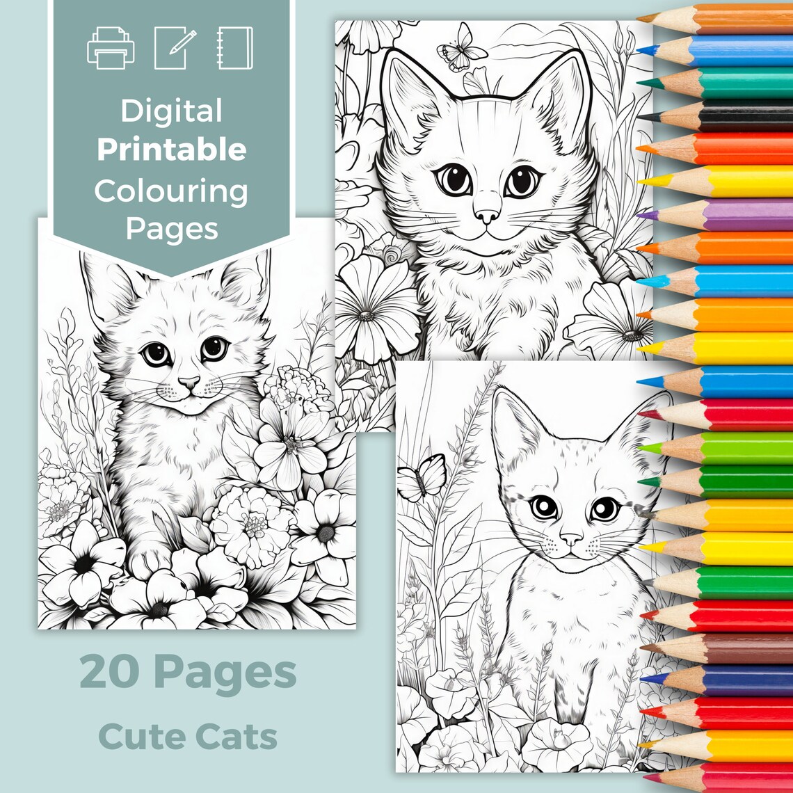 30 Colouring Pages for Kids Printable Cute Cats Colouring - Etsy