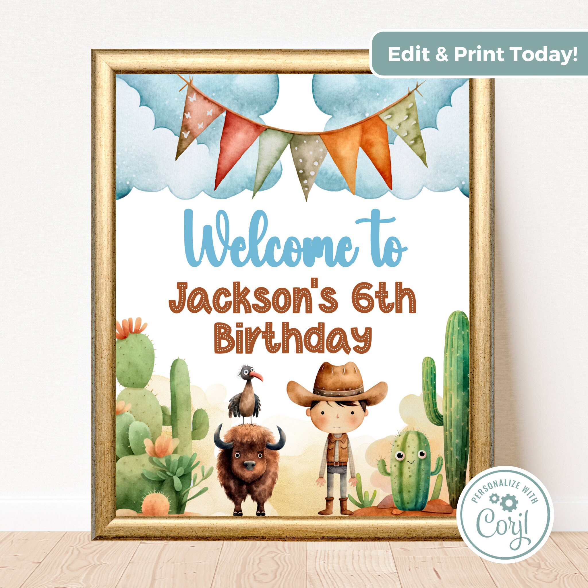 Editable Cowboy Birthday Party Welcome Sign, Wild West Cowboy Rodeo ...