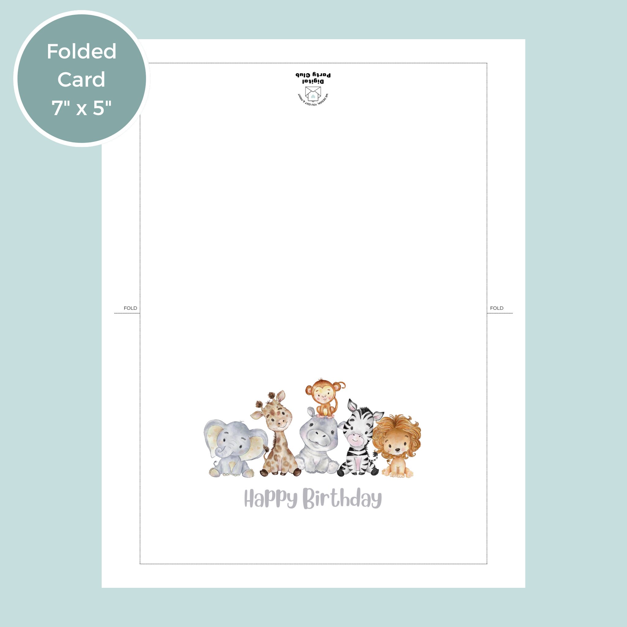 Printable Birthday Card With Jungle Animals, Cute Safari Watercolour ...