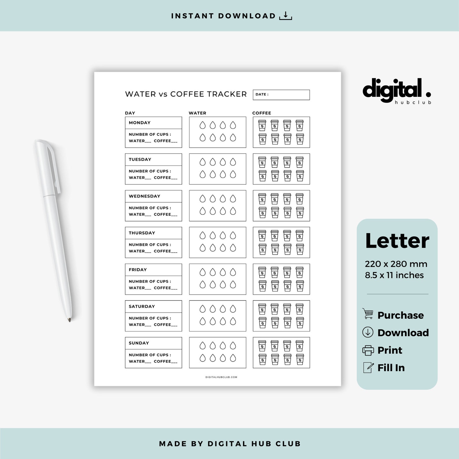 Weekly Water Hydration Tracker, Water Vs Coffee Intake Tracker, Daily ...