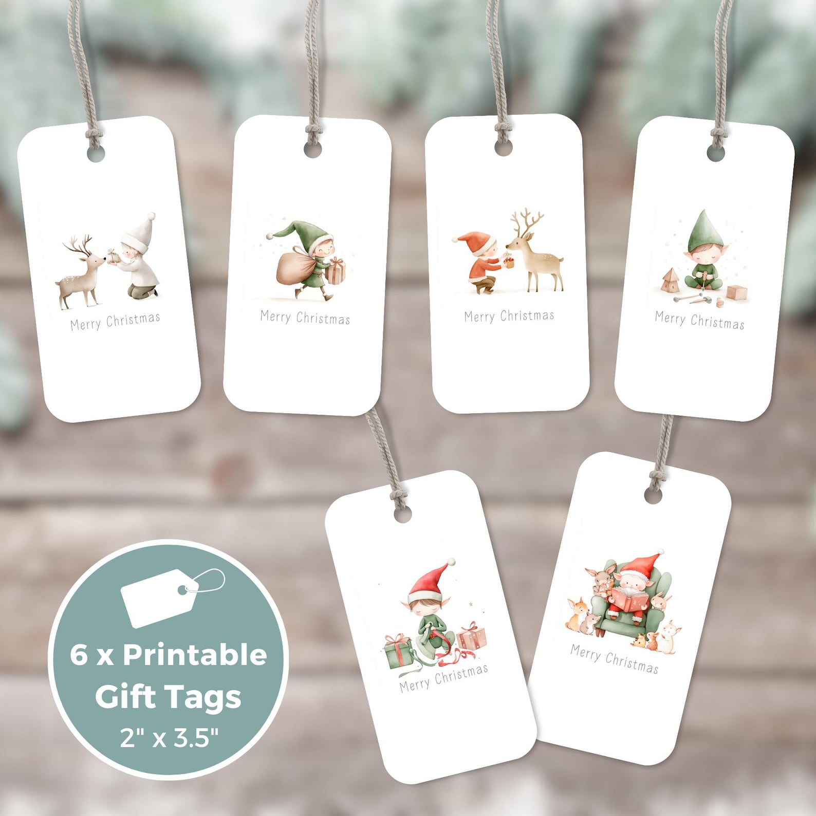Set of 6 Whimsical Christmas Gift Tags, Cute Reindeer Watercolor ...
