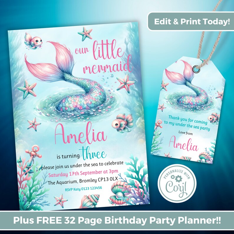 Editable Mermaid Birthday Invitation | Pale Blue & Pink Theme | Free ...