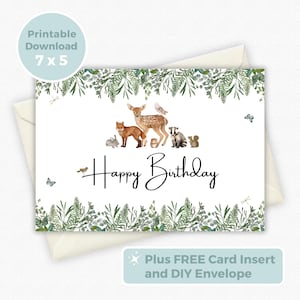 Printable Birthday Card With Woodland Animals, Woodland Scene Instant ...