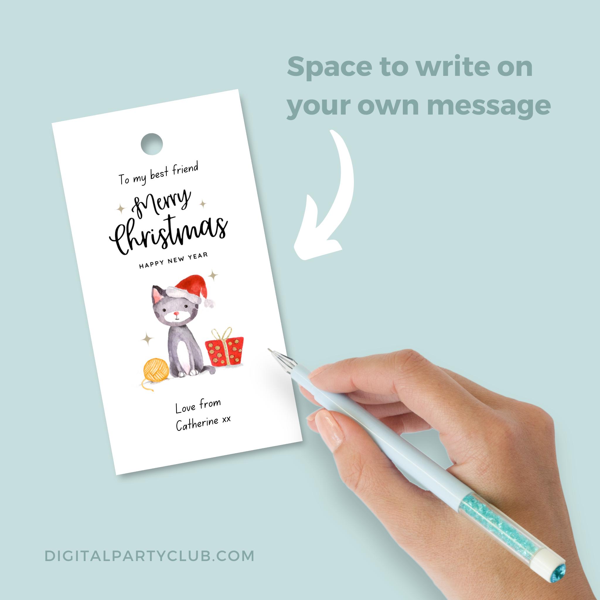 Printable Christmas Gift Tag, Cute Cat With Santa Hat, 2"x3.5" Holiday ...