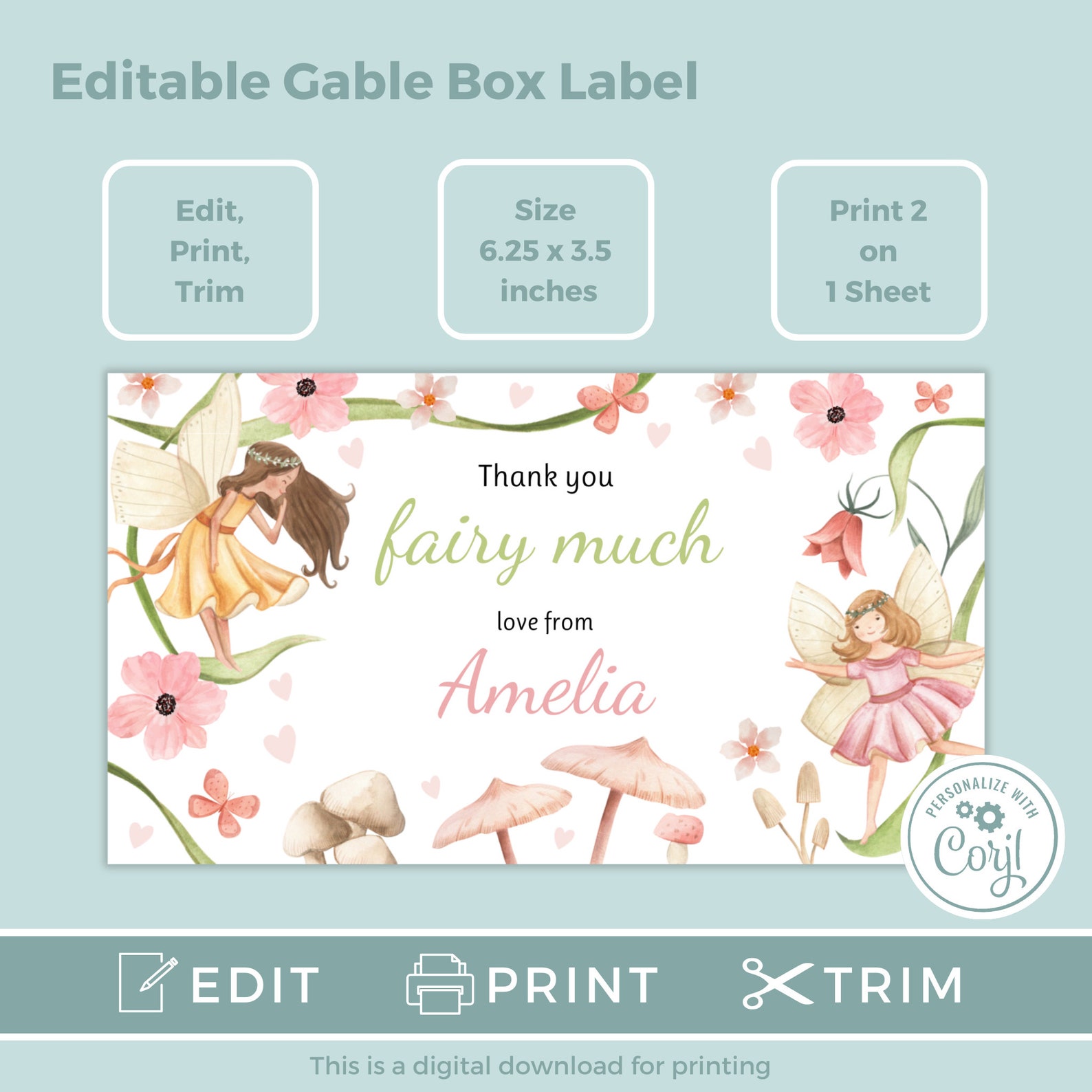 Fairy Gable Box Label Template, Fairy Pink Birthday Favor Box Label ...