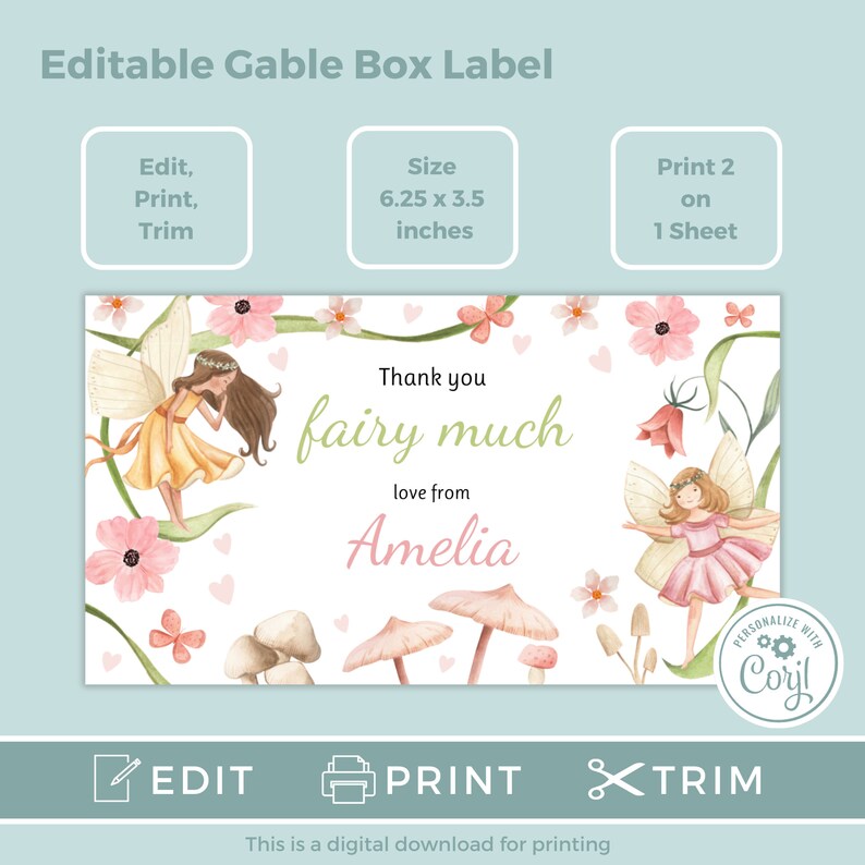 Fairy Gable Box Label Template, Fairy Pink Birthday Favor Box Label ...