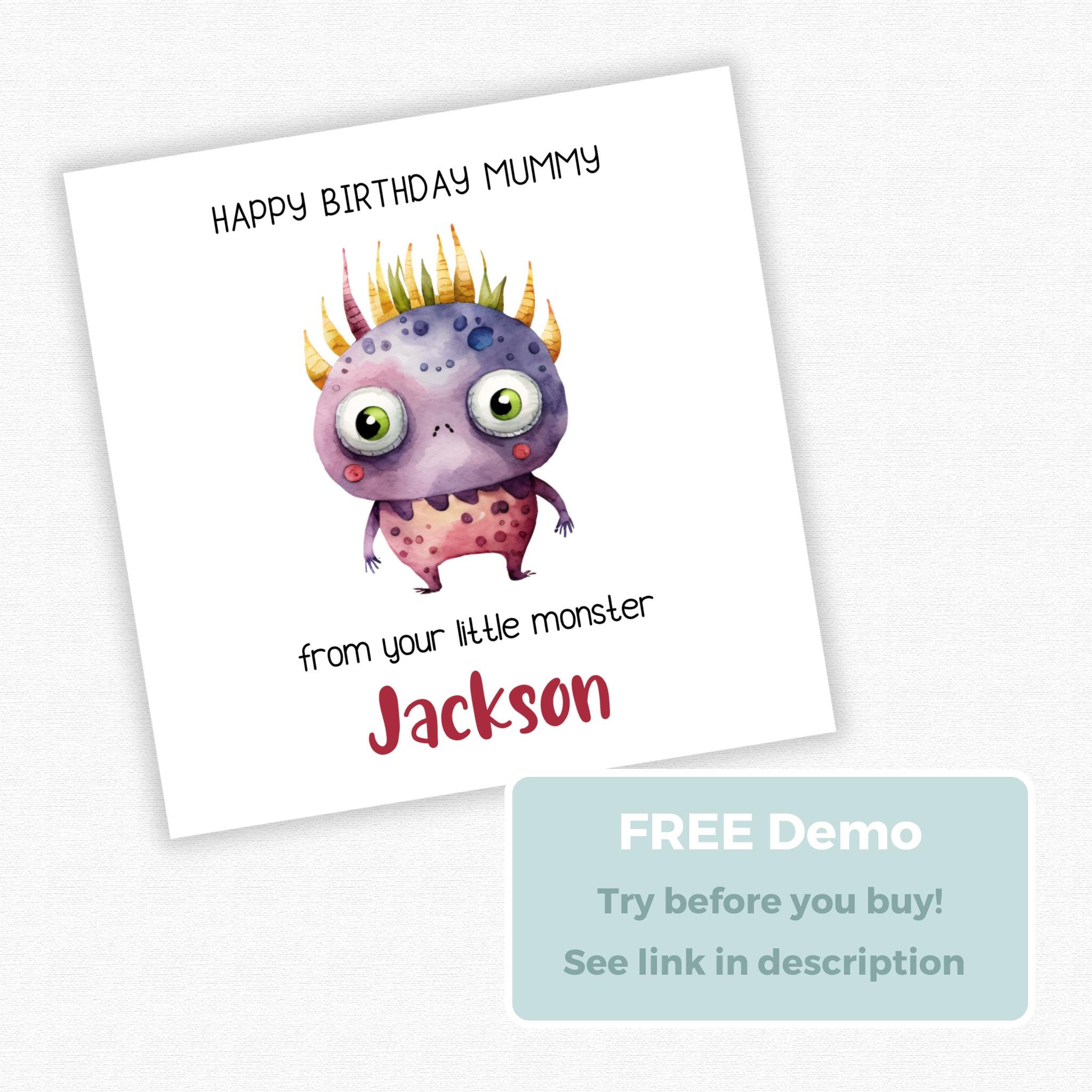 Editable Monster Birthday Card, Happy Birthday Mummy From Your Little ...
