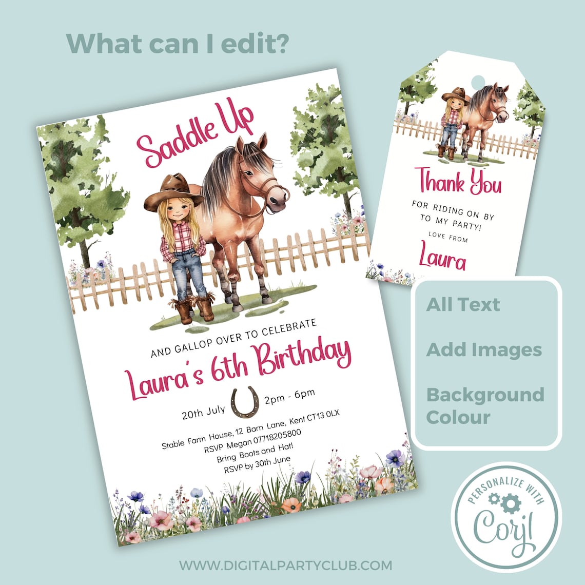 Editable Horse Birthday Invitation Template, Girl Saddle up Invite ...