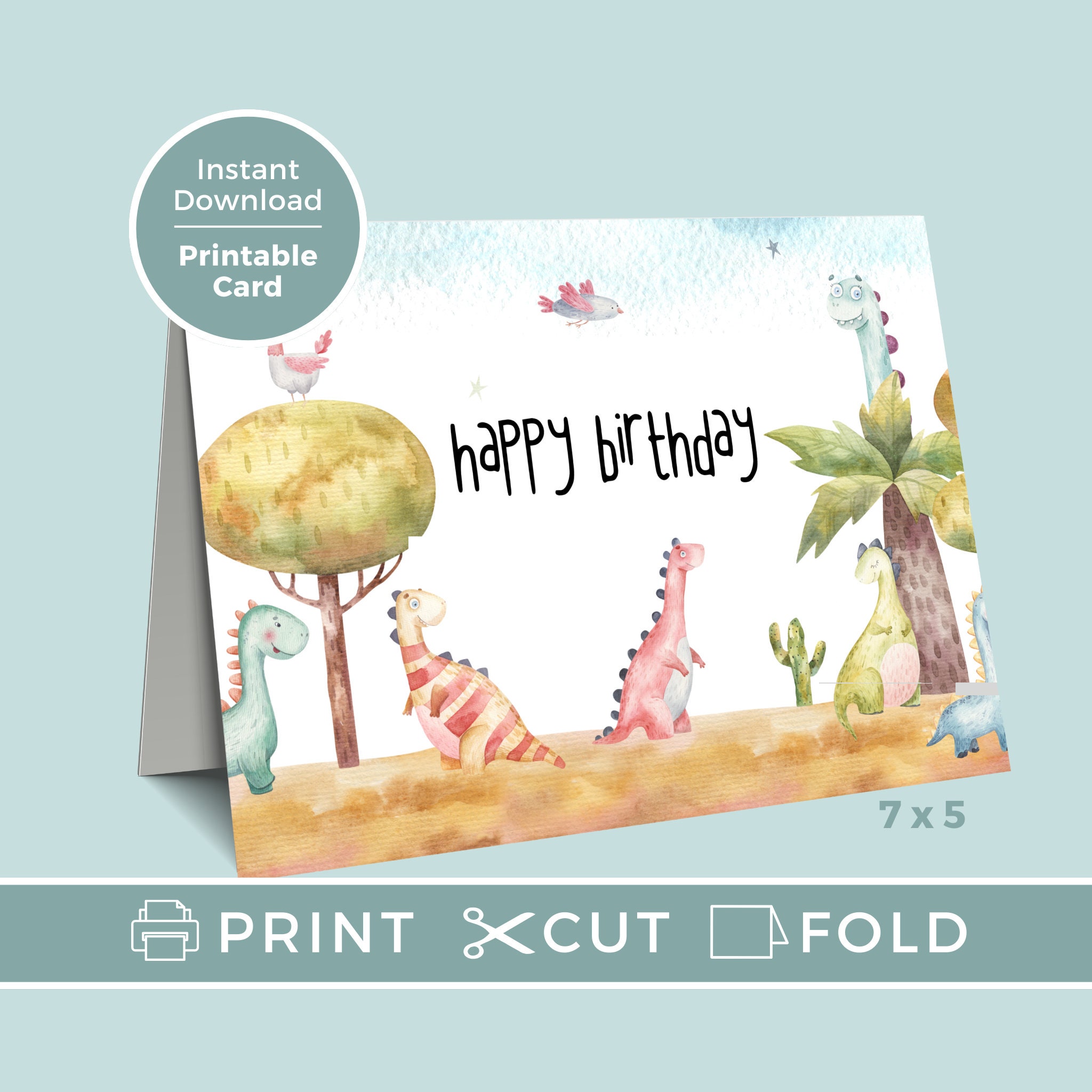 Birthday Card With Dinosaur Printable, Birthday Greeting Card, Kids ...
