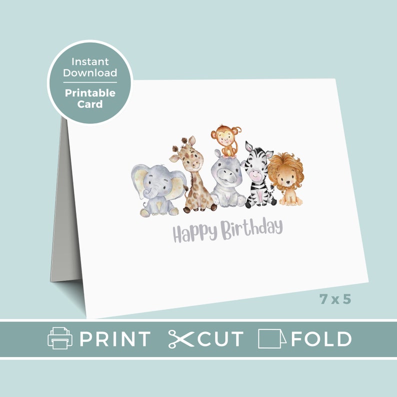 Printable Birthday Card With Jungle Animals, Cute Safari Watercolour ...