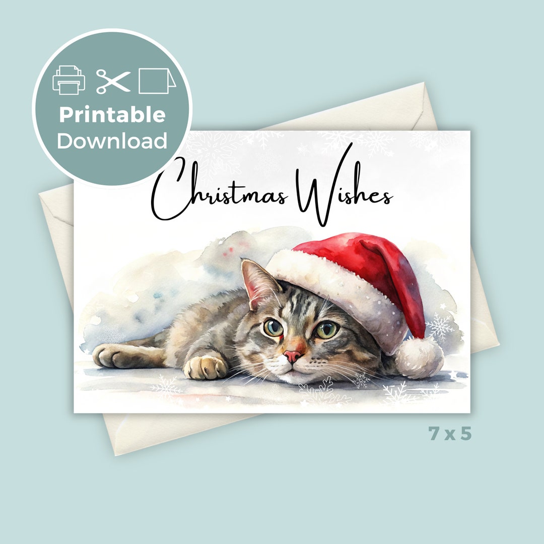 Printable Christmas Card With Cat Wearing Santa Hat - Cute Cat ...