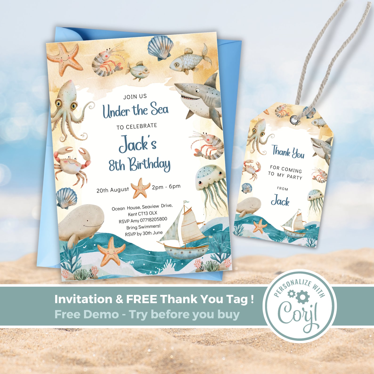 Editable Under the Sea Birthday Invitation, Ocean Party Invitation ...