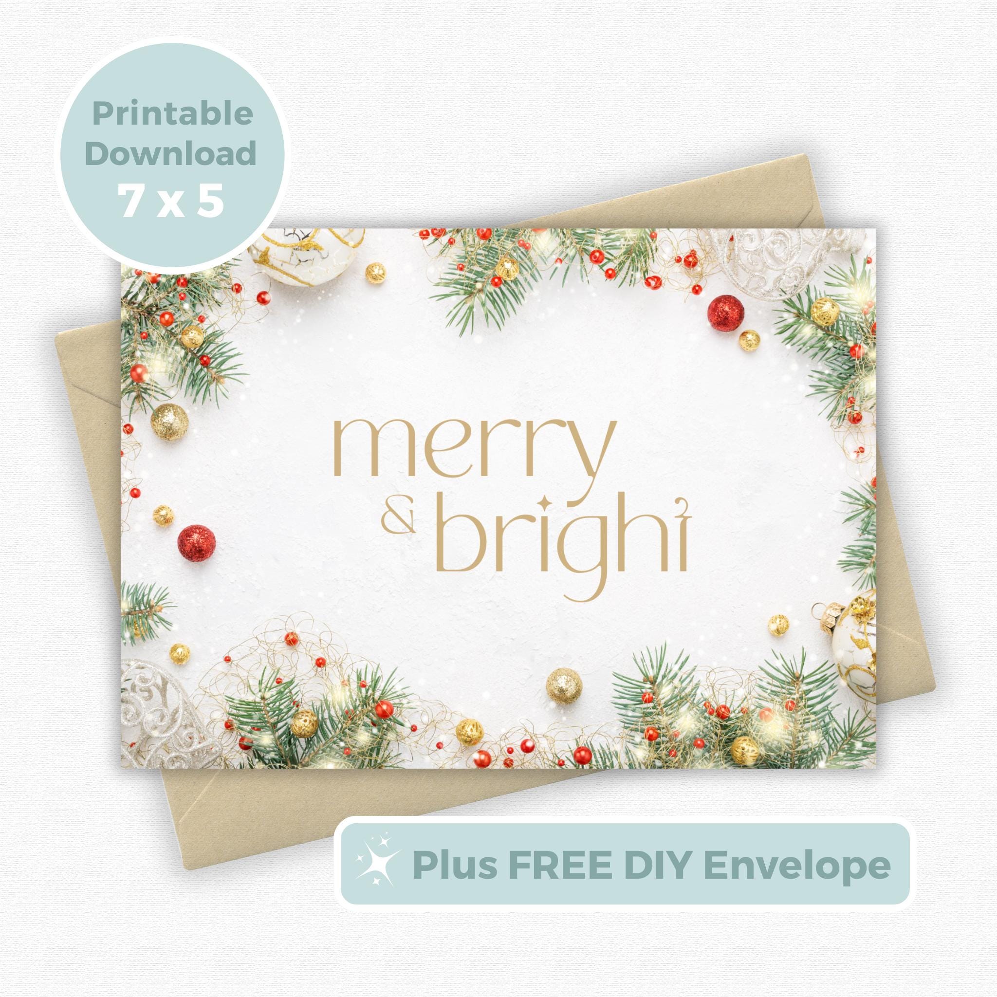 Printable Merry and Bright Christmas Card - Festive Holiday Greeting ...