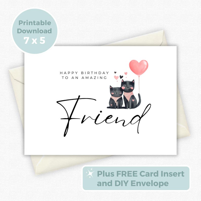 Printable Birthday Card for Friend, Cute Cat Design, Digital Download ...