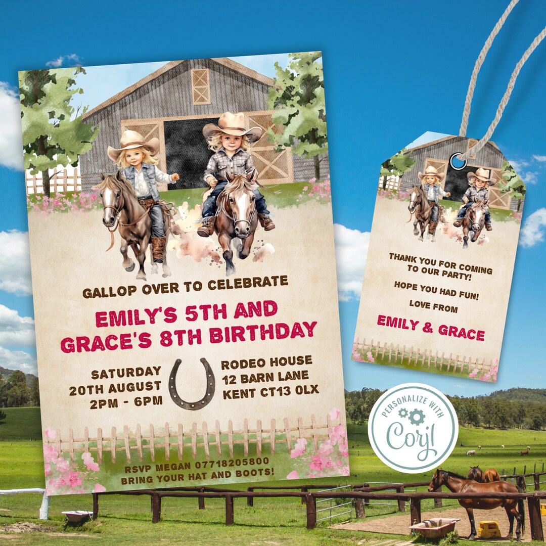 Editable Joint Horse Birthday Invitation Template, Sister Cowgirl Party ...