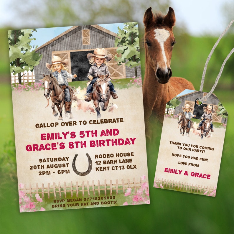 Editable Joint Horse Birthday Invitation Template, Sister Cowgirl Party ...